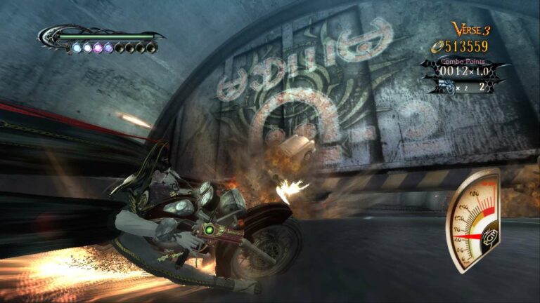 Bayonetta screens being chased on a bike - Gematsu