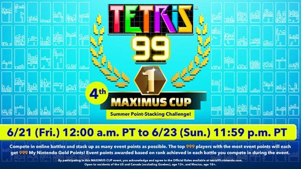 Tetris 99 ‘4th Maximus Cup’ online event begins June 21 - Gematsu